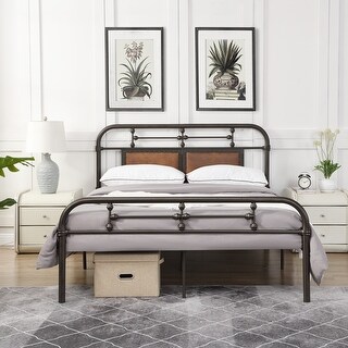 Classic Style Full Size Metal Platform Bed with Headboard Soft Padding ...