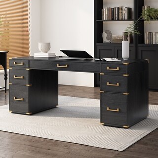 Office Desk with Metal Edge Trim Storage Drawers USB Ports Study ...