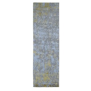 Shahbanu Rugs Gold Hi-Lo Pile Abstract Design Wool And Silk Runner Hand ...