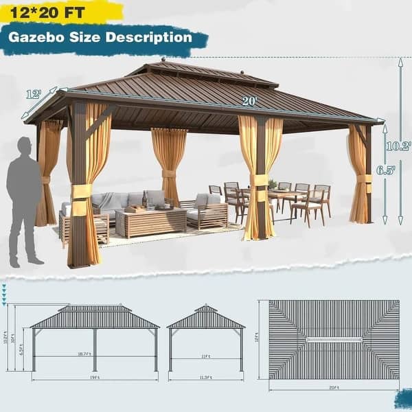 Erommy Outdoor Galvanized Steel Roof Gazebo Pergola w/ Aluminum Frame ...