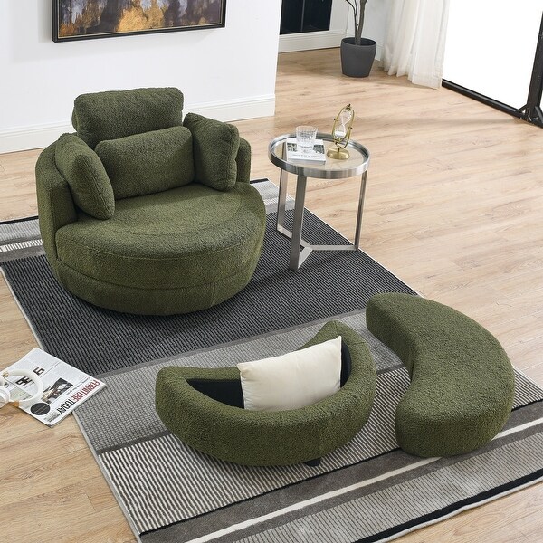 Modern Accent Round Loveseat Circle Swivel Barrel Chairs for Bedroom Cuddle Sofa Chair Lounger Armchair 4 Pillows Teddy Fabric