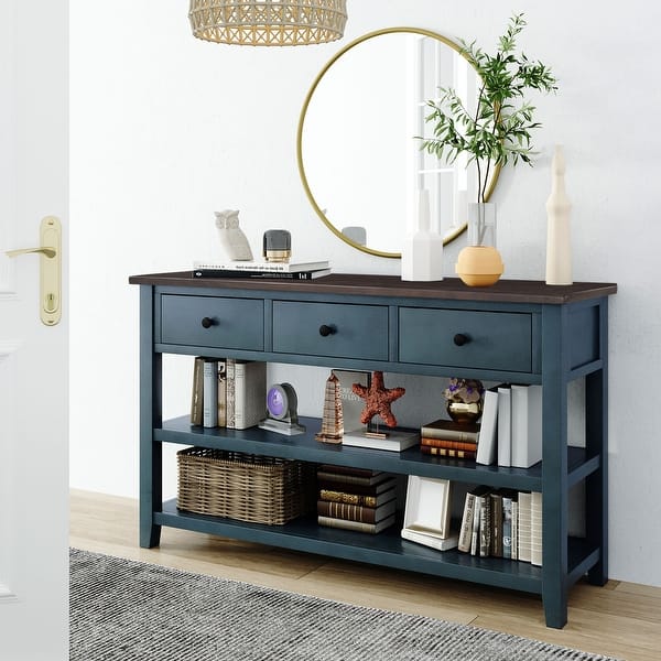Navy 3-drawer Entryway Console Table with 2-Tier Open Shelves - Bed ...