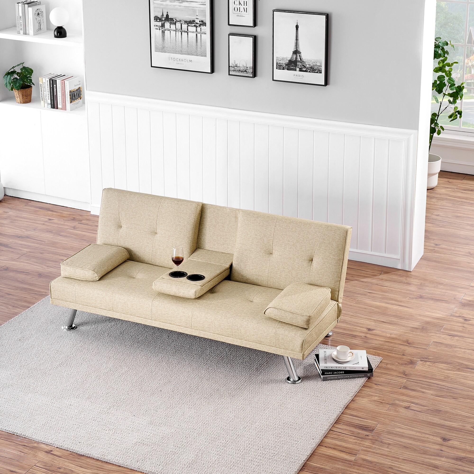 Beige PVC Folding Futon Sofa Bed with Removable Armrests Cupholder Bed Bath Beyond 39868435