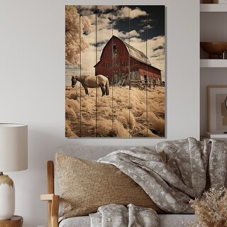 Designart "Horse Barnyard Harmony" Animals Print on Natural Pine Wood ...