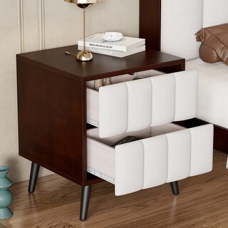 Modern 2-Drawer Nightstand, Mordern Wood+Linen Bedside Table with ...