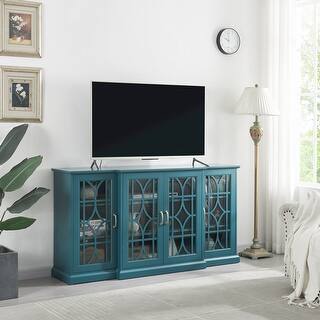 Multifunctional Teal Blue TV Stand with Glass Doors, Adjustable Shelves ...