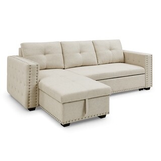 Classic&Rustic Sectional Sofa with Pulled Out Bed, 2 Seats Sofa&Reversible Chaise with Storage ...