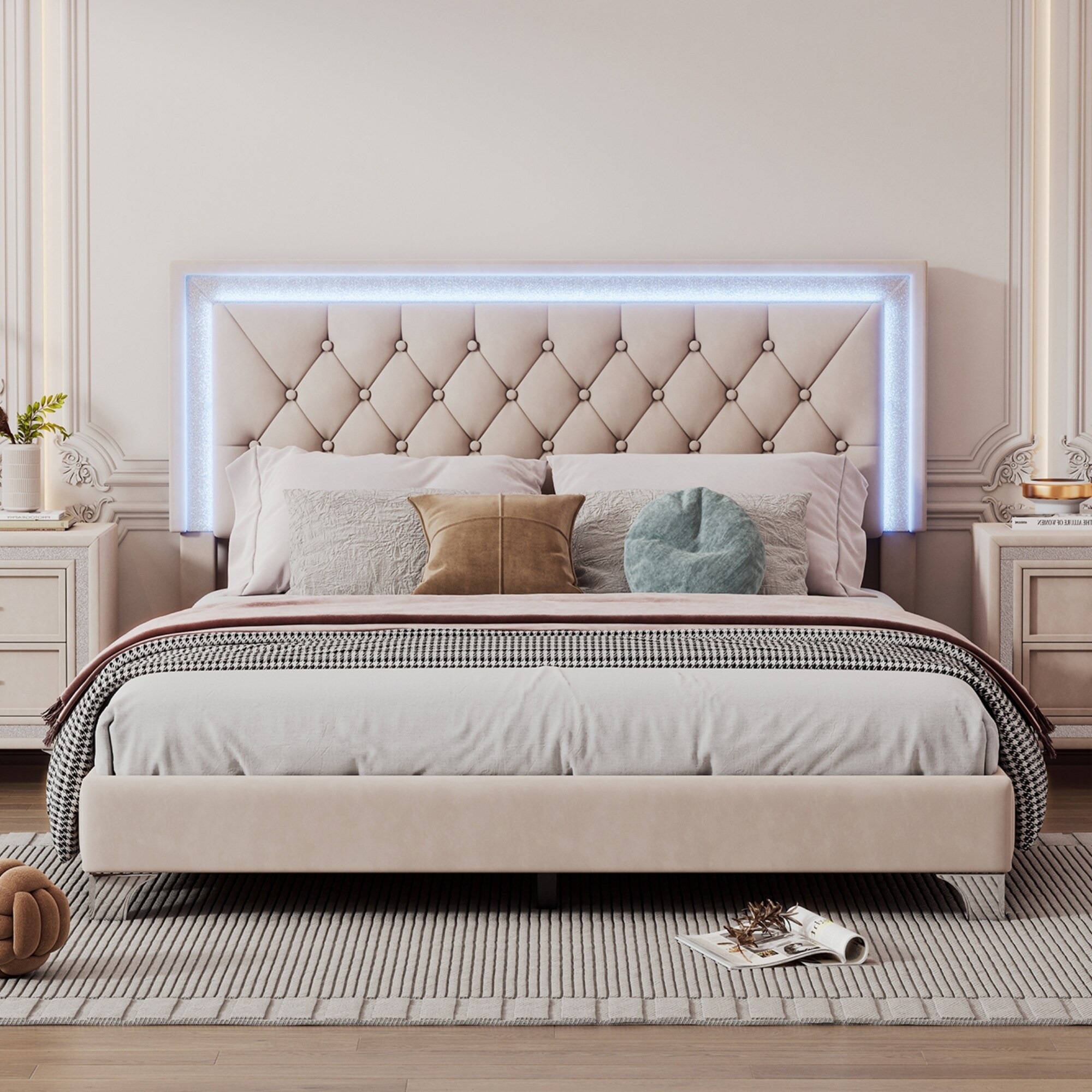 Queen Size Upholstered Bed Frame with LED Lights Modern Velvet Platform Bed with Tufted Headboard