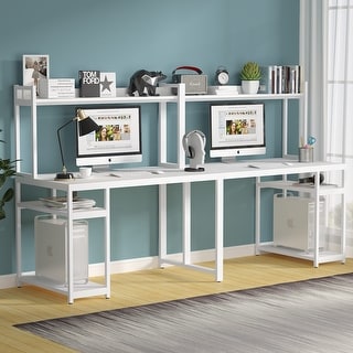 Extra Long Double Computer Desk with Hutch Storage Two Person desk Home ...