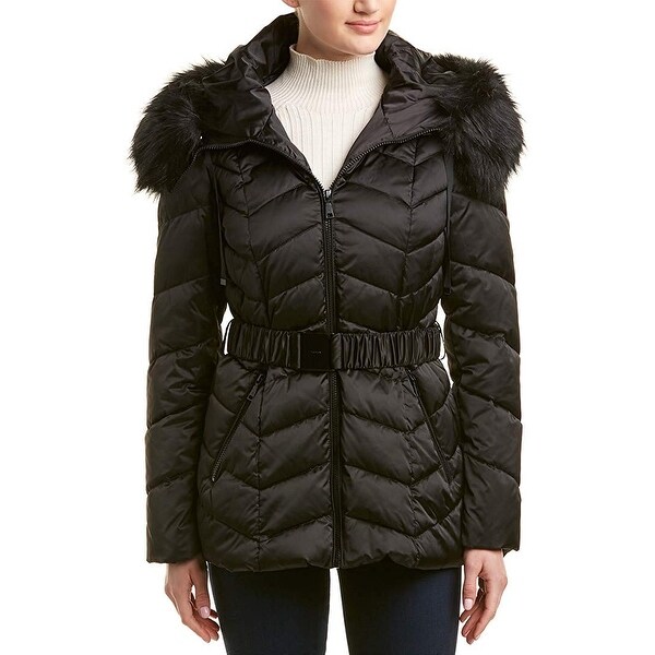 T Tahari Women's Leon Faux Fur Trim Hood Belted Coat Short Jacket Black ...