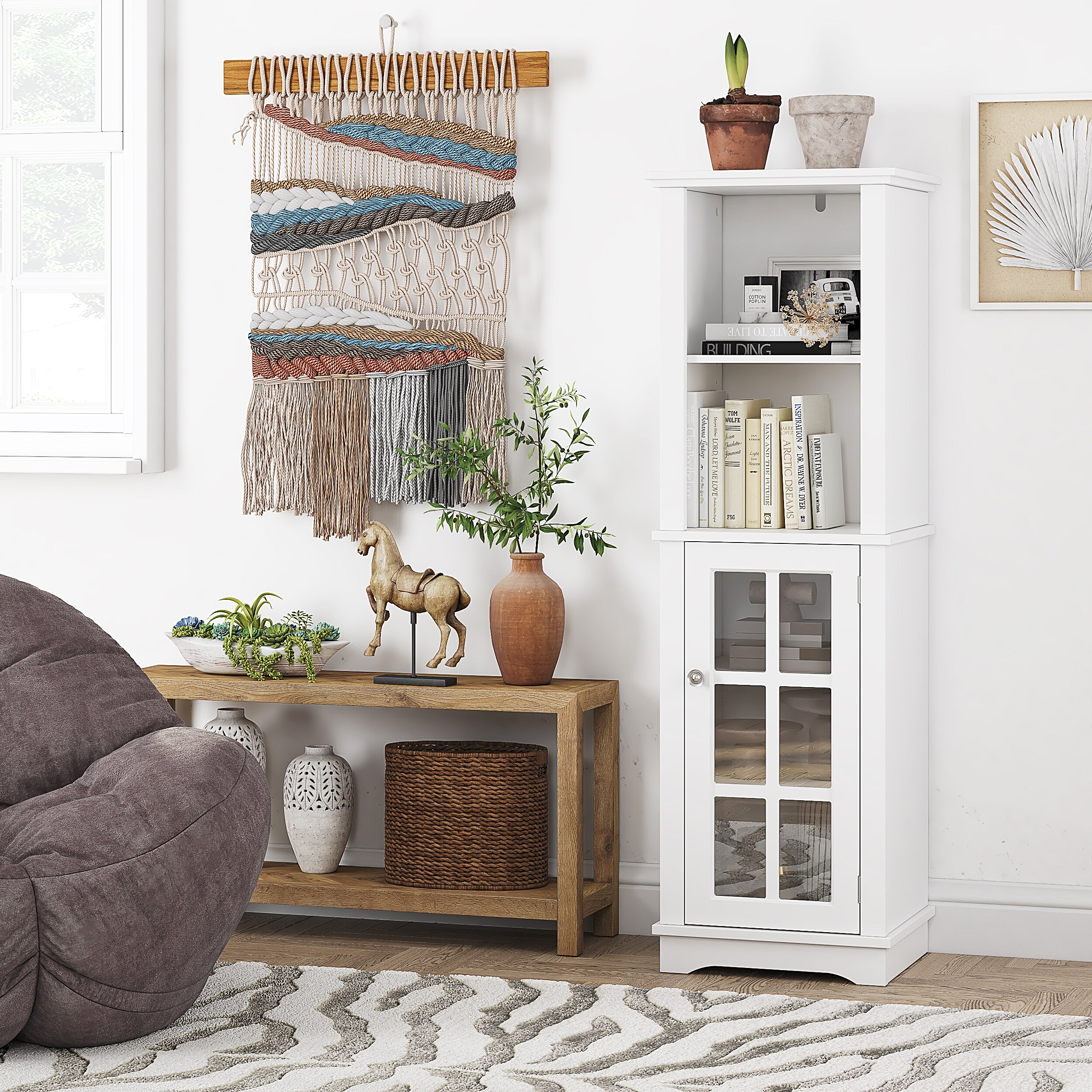 Spirich Home Tall Narrow Storage Cabinet Bathroom Floor Slim Cabinet with Glass Doors Freestanding Linen Tower White