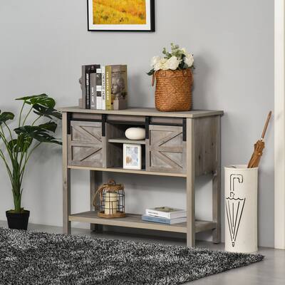 HOMCOM Farmhouse Style Console Table with Sliding Barn Doors and 4 Open ...
