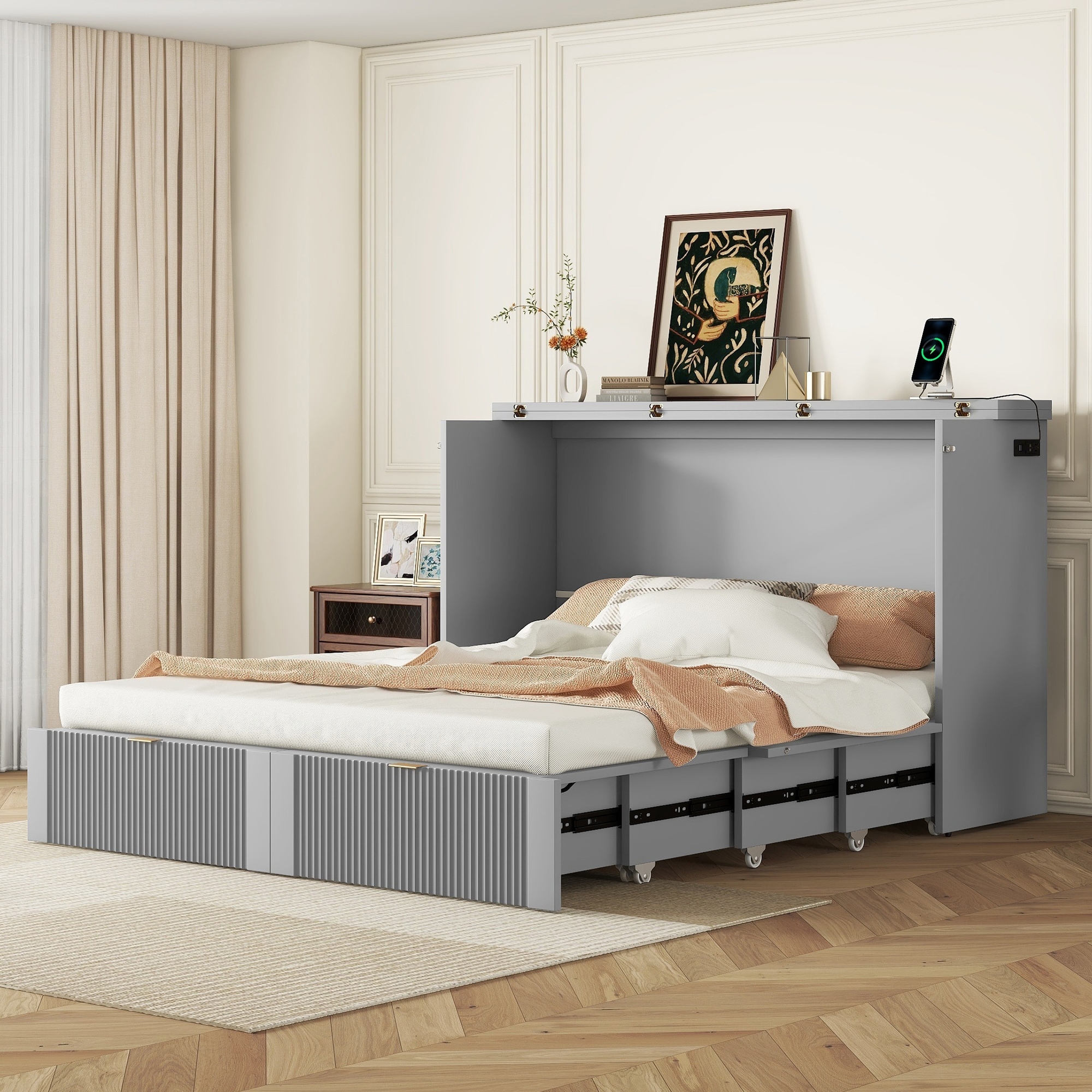 Queen Size Murphy Bed Wall Bed With Drawer And A Set Of Sockets And Usb