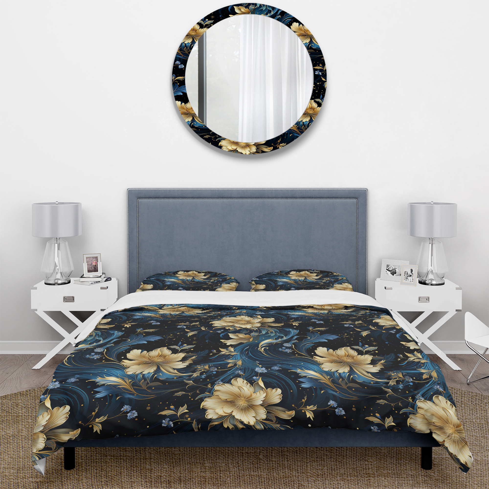 Designart Blue And Yellow Cosmic Damask Whirls Ii Damask Bedding Covert Set With 2 Shams Bed