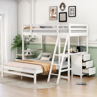 Twin over Full Bunk Bed with Built-in Desk and Three Drawers, White ...