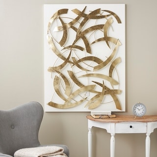 Gold Metal Metallic Curved Rod Abstract Home Wall Decor with White Wood ...