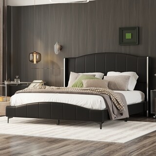 Upholstered Platform Bed, Headboard with Wingback and Metal Bar Accents ...