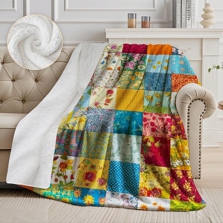Vintage Patchwork Sherpa Fleece Throw Blanket for Couch, Bed, Plaid ...