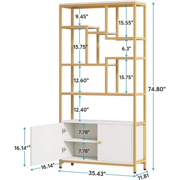 Bookcase with Doors,74 Inches Tall Bookshelf with Open Storage Shelves ...