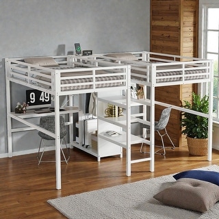 Twin Over Twin Metal Loft Bed with Double Desk, Wardrobe, Shelves and ...