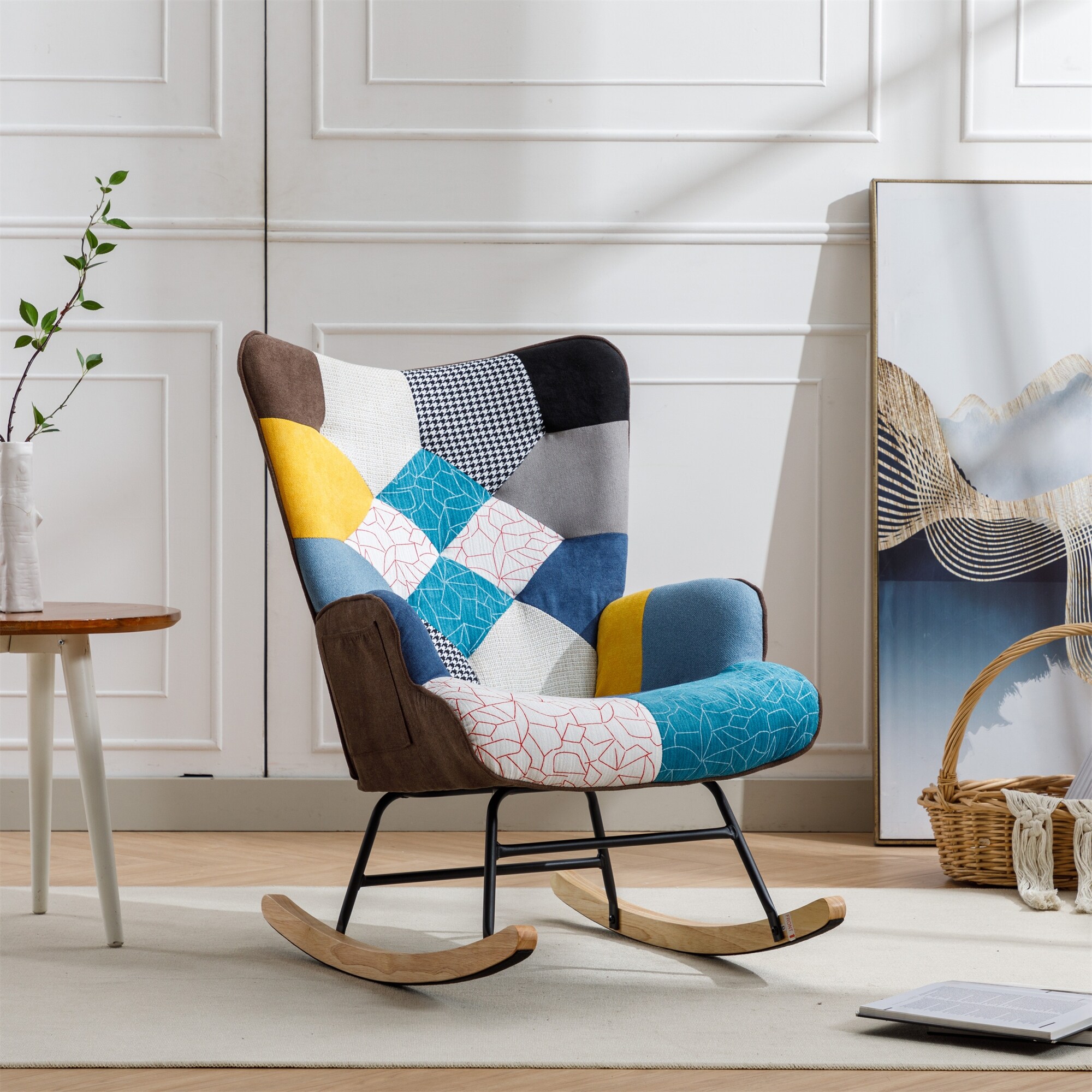 Modern Patchwork Accent Chair with Solid Wood Armrest - Bed Bath ...