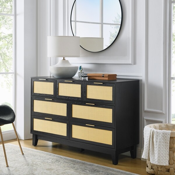 7 Drawer Bedroom Dresser Rattan Modern Wooden Chest with Spacious Storage Black