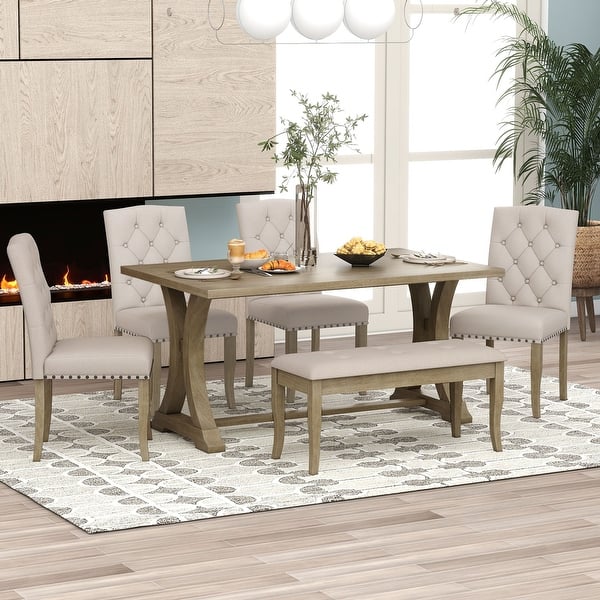 Rustic 6-Piece Farmhouse Dining Table Set with Trestle Table and Bench ...