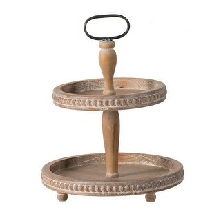 Mike 17 Inch 2 Tier Round Serving Tray, Handle, Beaded Trim, Brown Wood ...