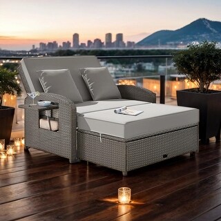 Patio Rattan Reclining Daybed with Adjustable Back and Cushions, Grey ...
