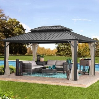 Zenova 16'x 12' Outdoor Double Hardtop Patio Gazebo with Mosquito Net ...