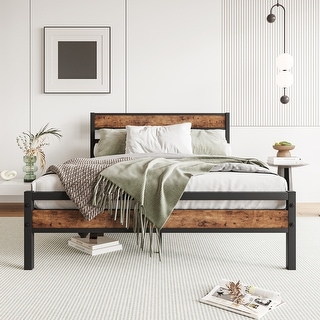 Brown Full Size Rustic Metal Bed Frame with Wooden Headboard ...