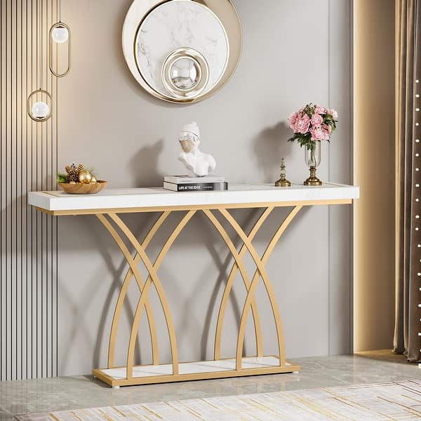 55 Inch White and Gold Console Table, Modern Faux Marble Entryway Table ...