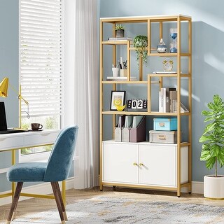 Bookcase with Doors,74 Inches Tall Bookshelf with Open Storage Shelves ...