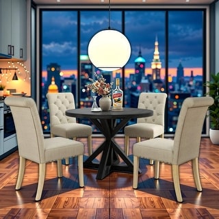 Elegant Cross-Buck Round Table with 4 Tufted Chairs, Beige - Bed Bath ...