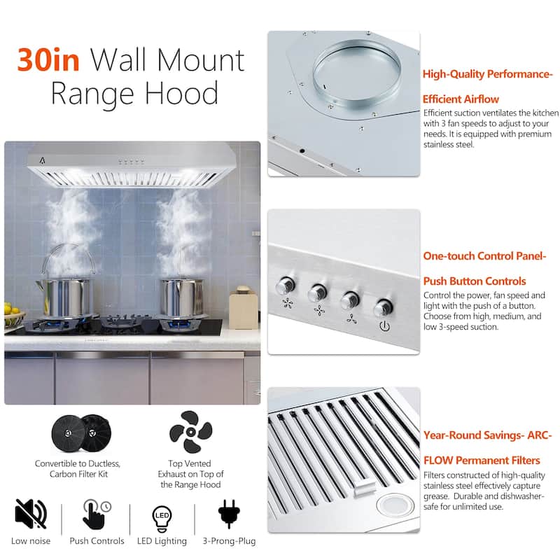 30-Inch Stainless Steel Under Cabinet Range Hood with 3-Speed 400 CFM ...