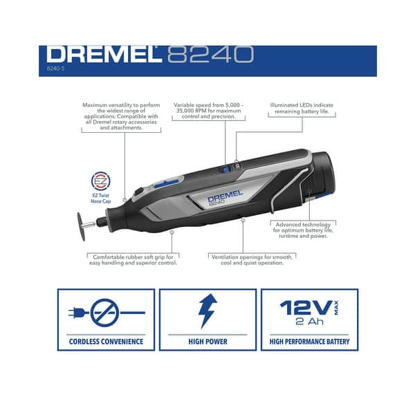 Dremel 8240 12V Lithium-Ion Battery Cordless Rotary Tool w/ Accessory ...