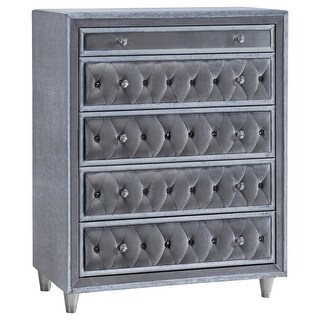 Ola 49 Inch Tall Dresser Chest, 5 Drawer, Tufted Gray Velvet Upholstery ...