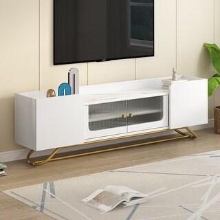 Elegant TV Stand with Faux Marble Top and Fluted Glass Doors,Gold Metal ...
