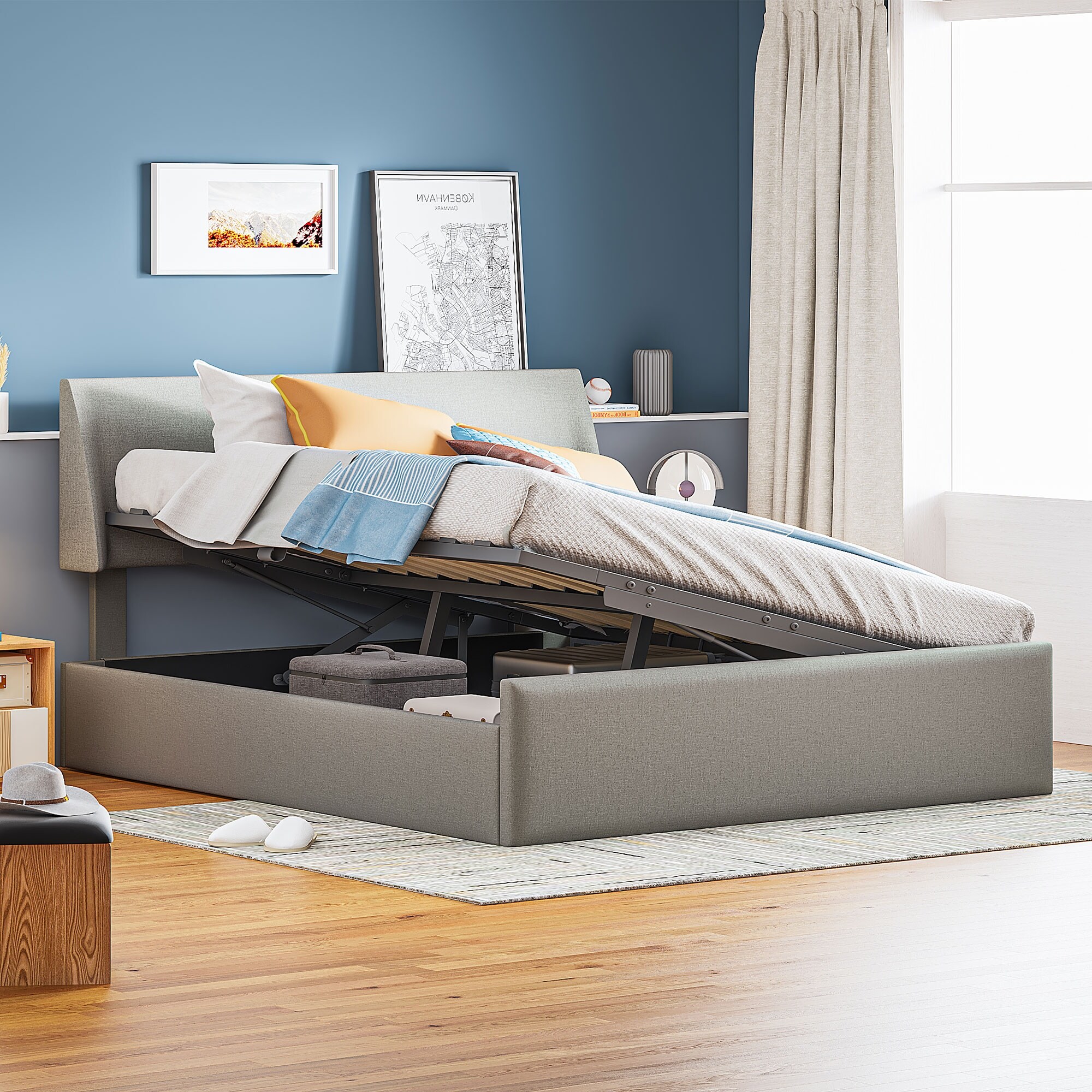 Queen Size Sleigh Bed with Side Tilt Hydraulic Storage System Linen Upholstered Platform Bed Storage Bed Frame Gray Bed Bath Beyond 40216406