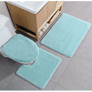 Light Blue Bath Set 3 Piece Anti-Slip Solid Bathroom Mat, Large Contour ...
