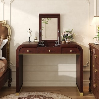 Classic Wood Vanity Desk with Flip Mirror, 3-in-1 Dressing Table with 2 ...