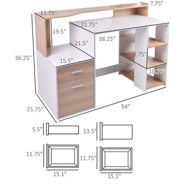 HOMCOM 54" Multi-Level Computer Desk: Oak, 3 Shelves, 2 Drawers - Bed ...