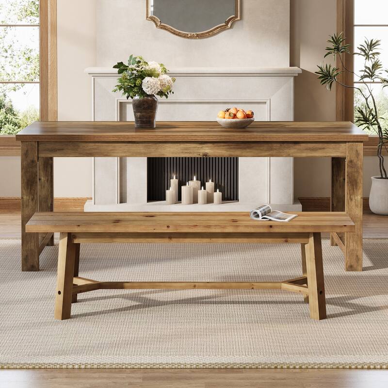 55.1'' Solid Wood Dining Bench, Farmhouse Real Wood Kitchen Bench Long ...