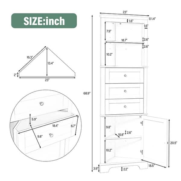 Bathroom Corner Storage Cabinet Triangle Tall Cabinet with Drawers and ...