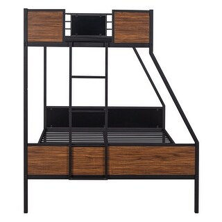 Twin over Full Steel Bunk Bed with Wooden Panel Safety Rail and Built ...