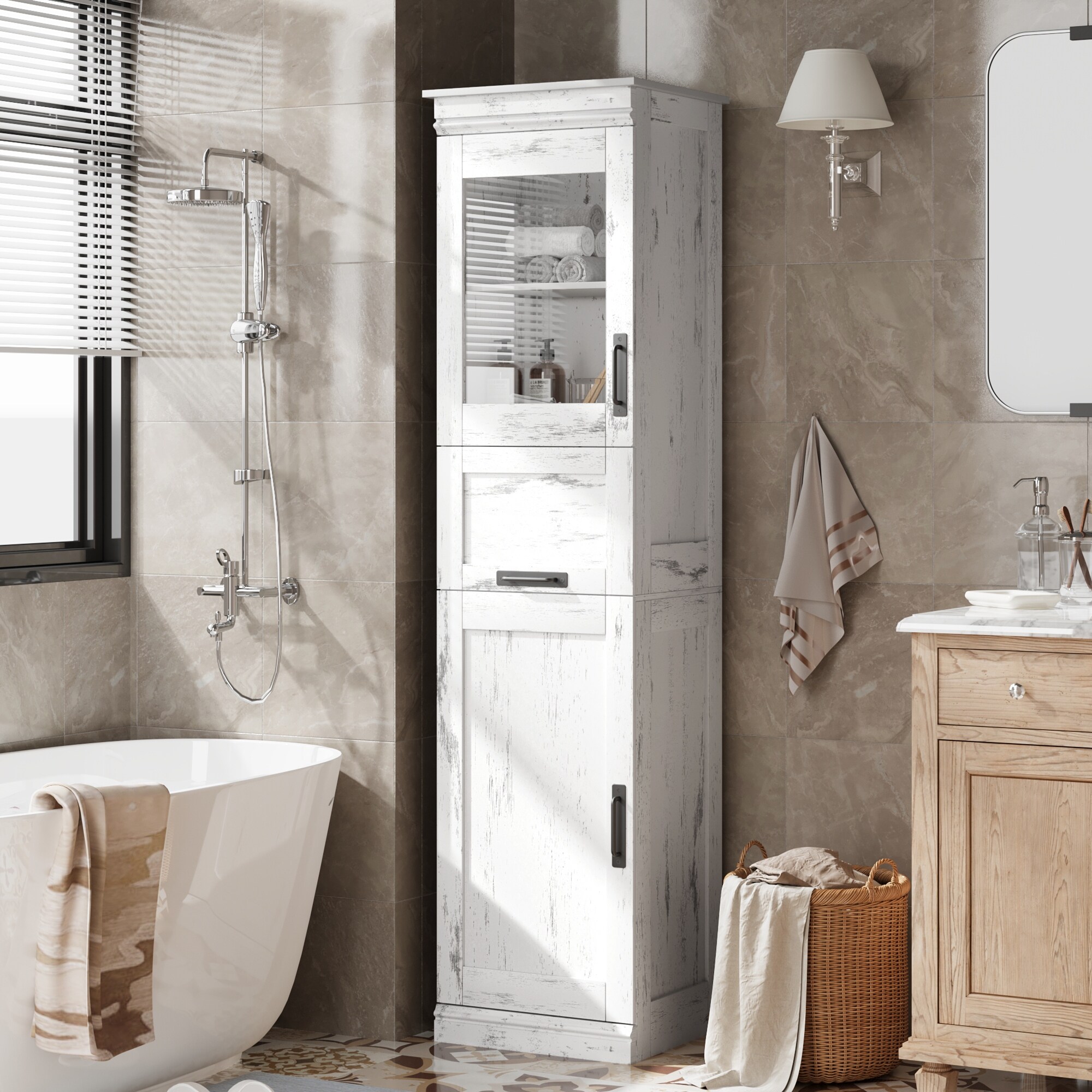 Bathroom Cabinet Freestanding Floor Cabinet Tall Storage Cabinet with Glass Doors and Adjustable Shelf Bed Bath Beyond 42381727