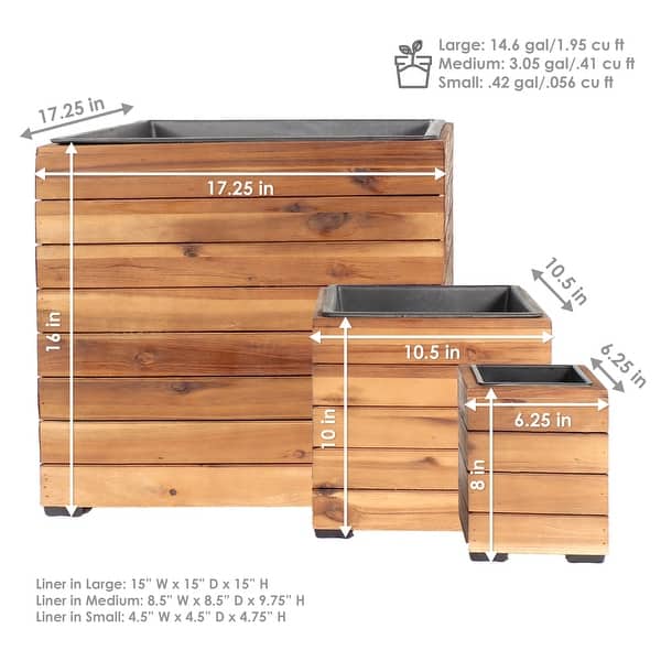 Sunnydaze 3-Piece Acacia Wood Square Planter Boxes with Plastic Liners ...