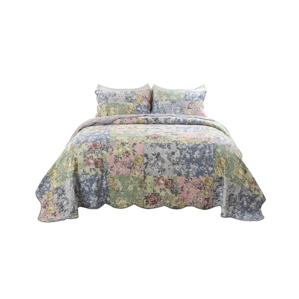Eni 3 Piece California King Cotton Quilt Set, Pastel Blue Flower Design ...