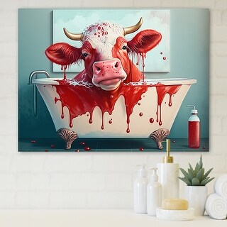 Designart 'Funny Red Cow In The Tub' Animals Canvas Wall Art - Bed Bath ...