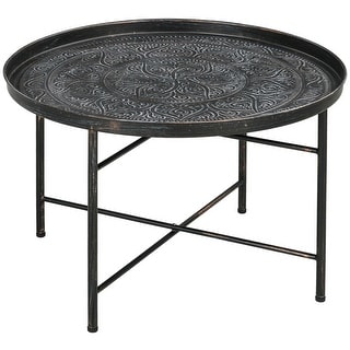 24 Inch Round Coffee Table with Hammered Tray Top, Vintage Metal Center ...